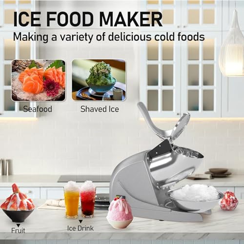 OKF Ice Shaver Prevent Splash Electric Three Blades Snow Cone Maker Stainless Steel Shaved Ice Machine 380W 220lbs/hr Home and Commercial Ice Crushers (Silver)