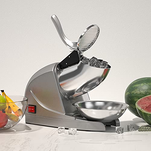 OKF Ice Shaver Prevent Splash Electric Three Blades Snow Cone Maker Stainless Steel Shaved Ice Machine 380W 220lbs/hr Home and Commercial Ice Crushers (Silver)