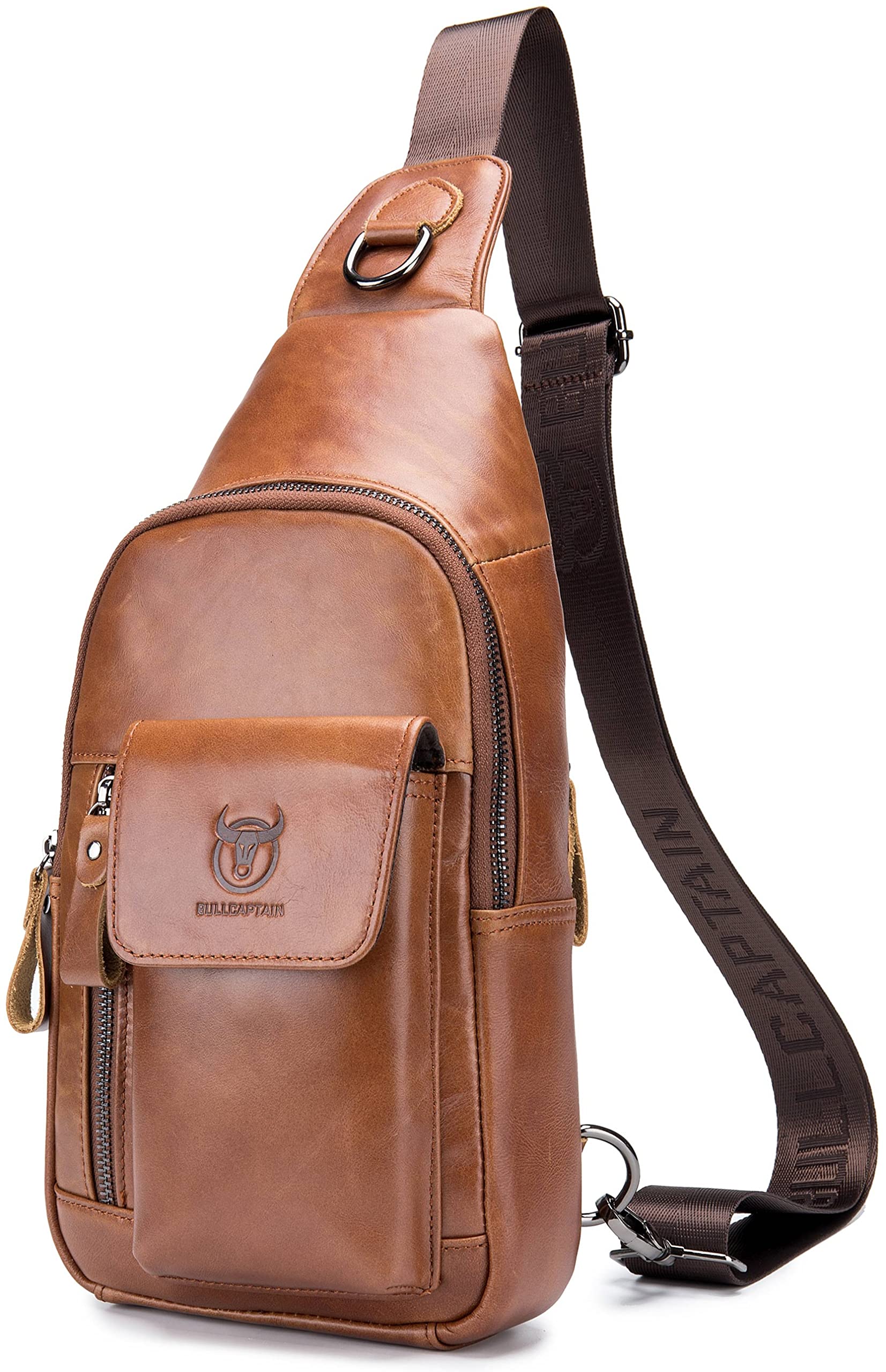 BULLCAPTAIN Genuine Leather Sling Bag for Men Leather Casual Crossbody Shoulder Backpack Travel Hiking Vintage Chest Bags Mens Daypacks (Brown)