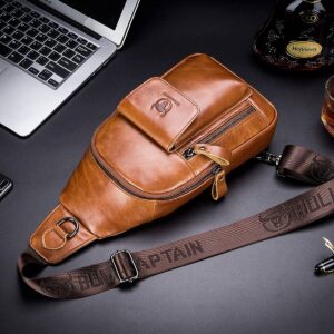 BULLCAPTAIN Genuine Leather Sling Bag for Men Leather Casual Crossbody Shoulder Backpack Travel Hiking Vintage Chest Bags Mens Daypacks (Brown)