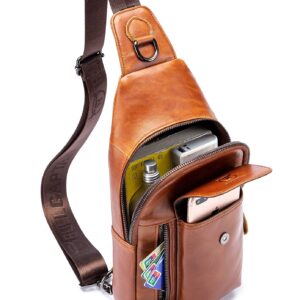 BULLCAPTAIN Genuine Leather Sling Bag for Men Leather Casual Crossbody Shoulder Backpack Travel Hiking Vintage Chest Bags Mens Daypacks (Brown)