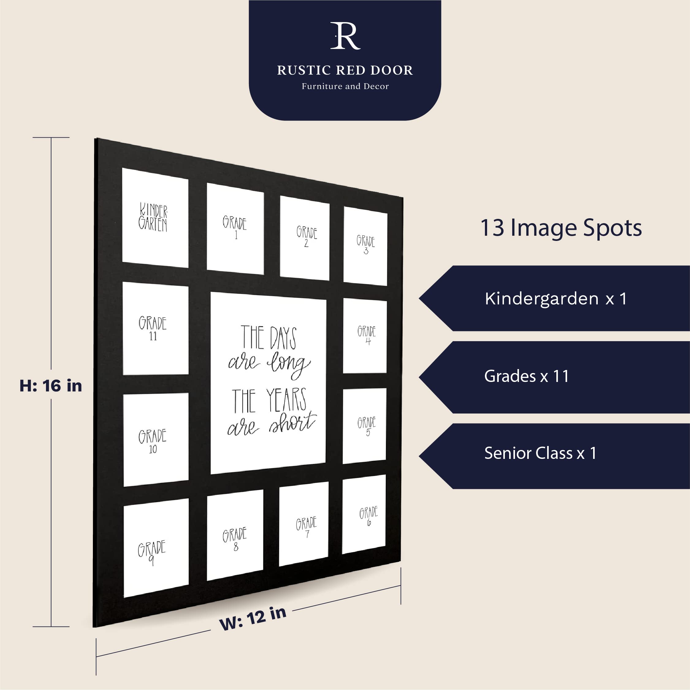 School Days Picture Mat with Multiple Openings–12x16 School Years Photo Collage – The Days Are Long Picture Mat – No Frame - Kindergarten to 12th Grade Graduation (13 Photos, K-12th, Black)