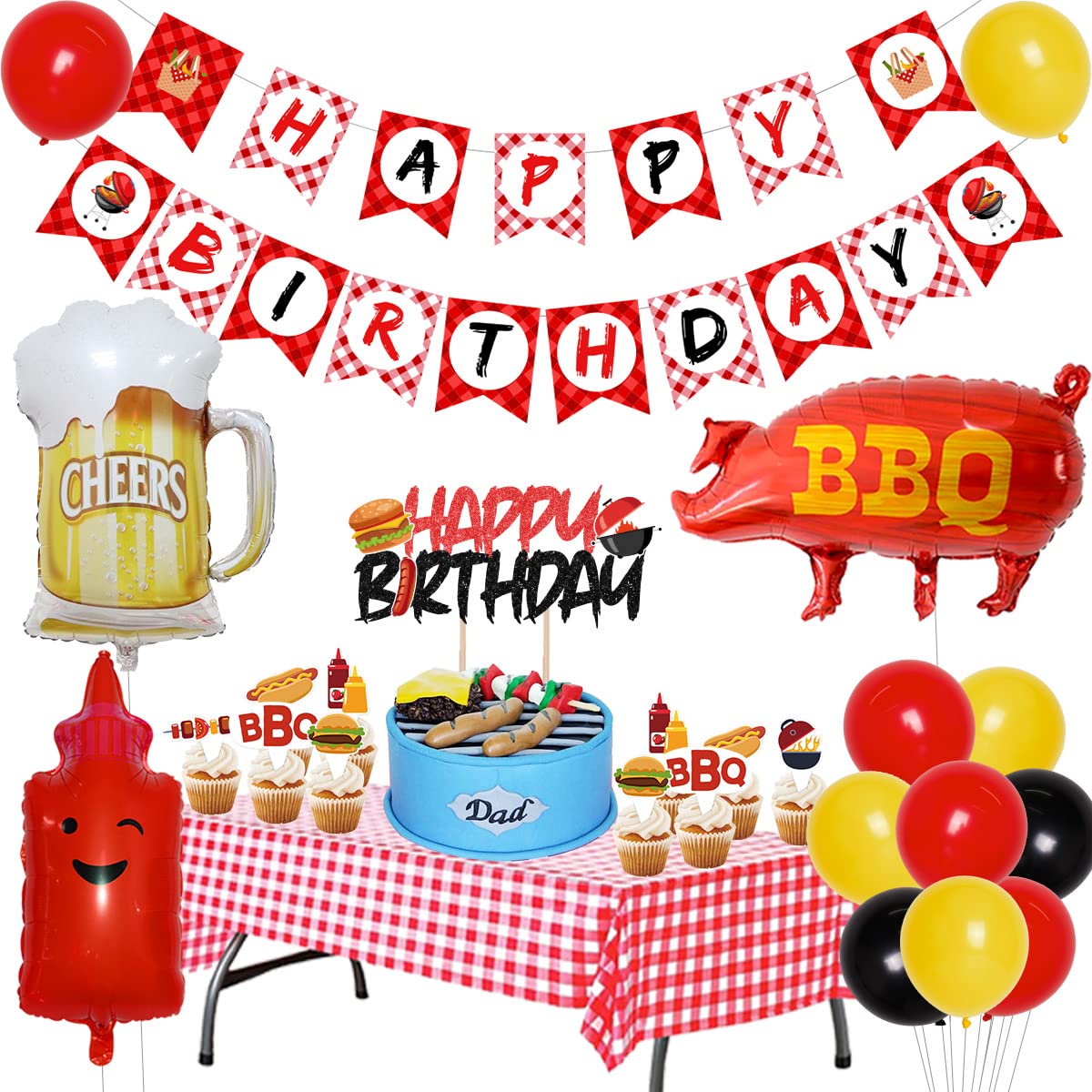 Fangleland BBQ Birthday Party Decorations BabyQ Happy Birthday Banner Cupcake Toppers Red Checkered Picnic Tablecloth Pig Sauce Bottle Balloons for Picnic Party Supplies