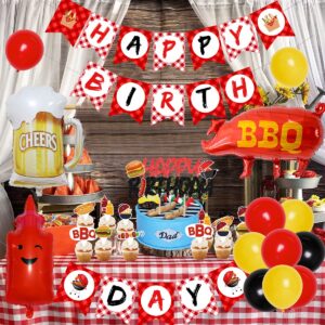 Fangleland BBQ Birthday Party Decorations BabyQ Happy Birthday Banner Cupcake Toppers Red Checkered Picnic Tablecloth Pig Sauce Bottle Balloons for Picnic Party Supplies