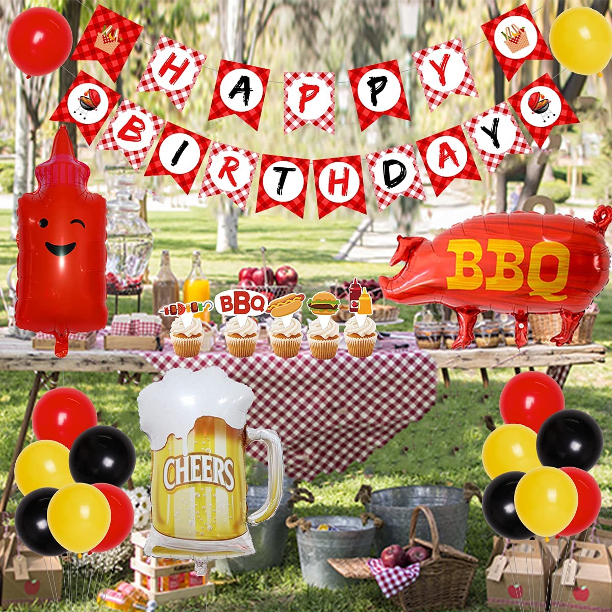 Fangleland BBQ Birthday Party Decorations BabyQ Happy Birthday Banner Cupcake Toppers Red Checkered Picnic Tablecloth Pig Sauce Bottle Balloons for Picnic Party Supplies