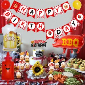 Fangleland BBQ Birthday Party Decorations BabyQ Happy Birthday Banner Cupcake Toppers Red Checkered Picnic Tablecloth Pig Sauce Bottle Balloons for Picnic Party Supplies