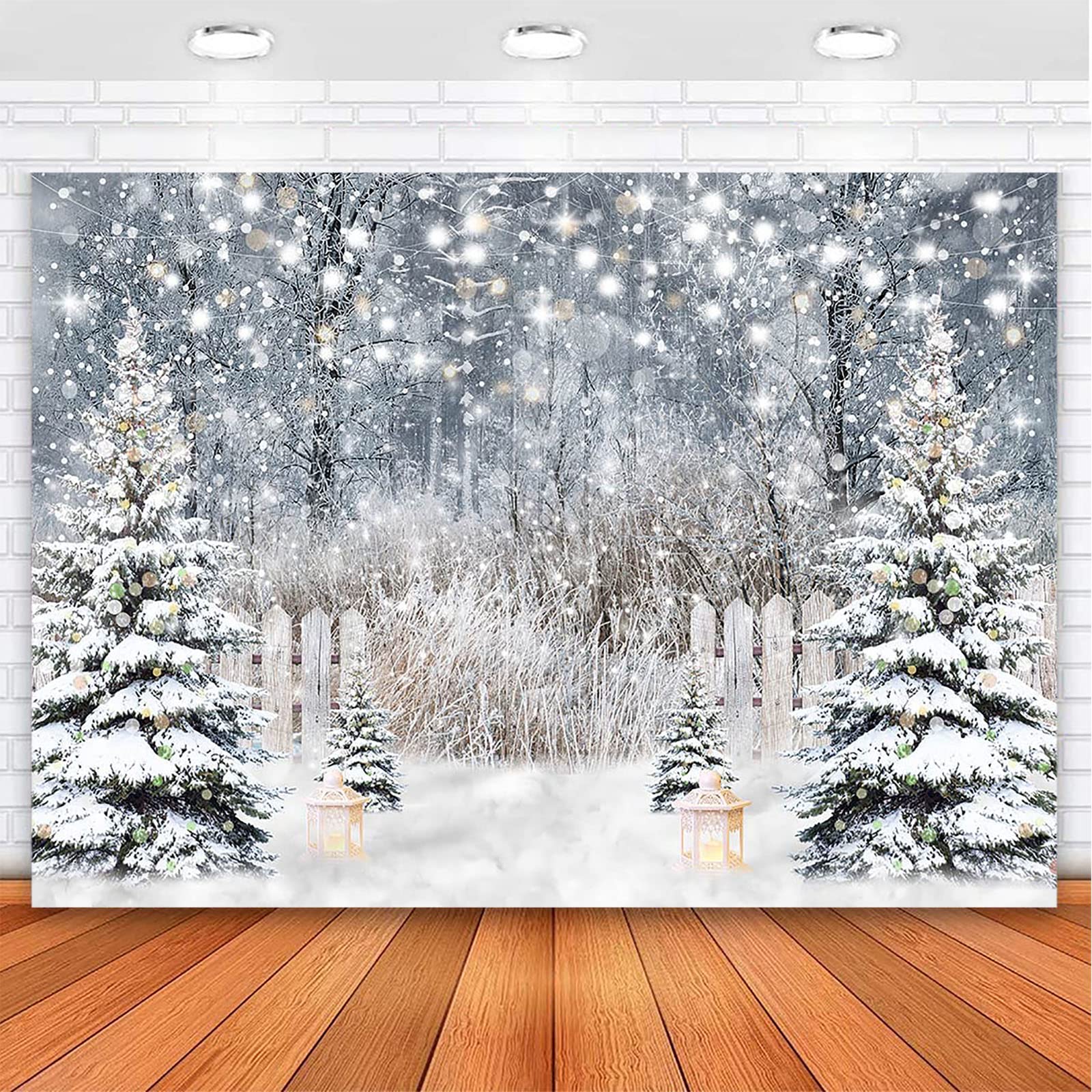 Avezano Winter Photography Backdrop Glitter Snowy Forest Pine Tree Background Snow Christmas Xmas Holiday Party Decor Banner Portrait Studio Booth Photobooth Props (8x6)