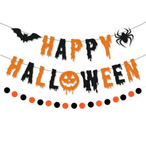 cavla glitter happy halloween banner and circle dots garland black orange glittery halloween garland banner with bat and spider signs halloween haunted houses wall fireplace party decorations supplies