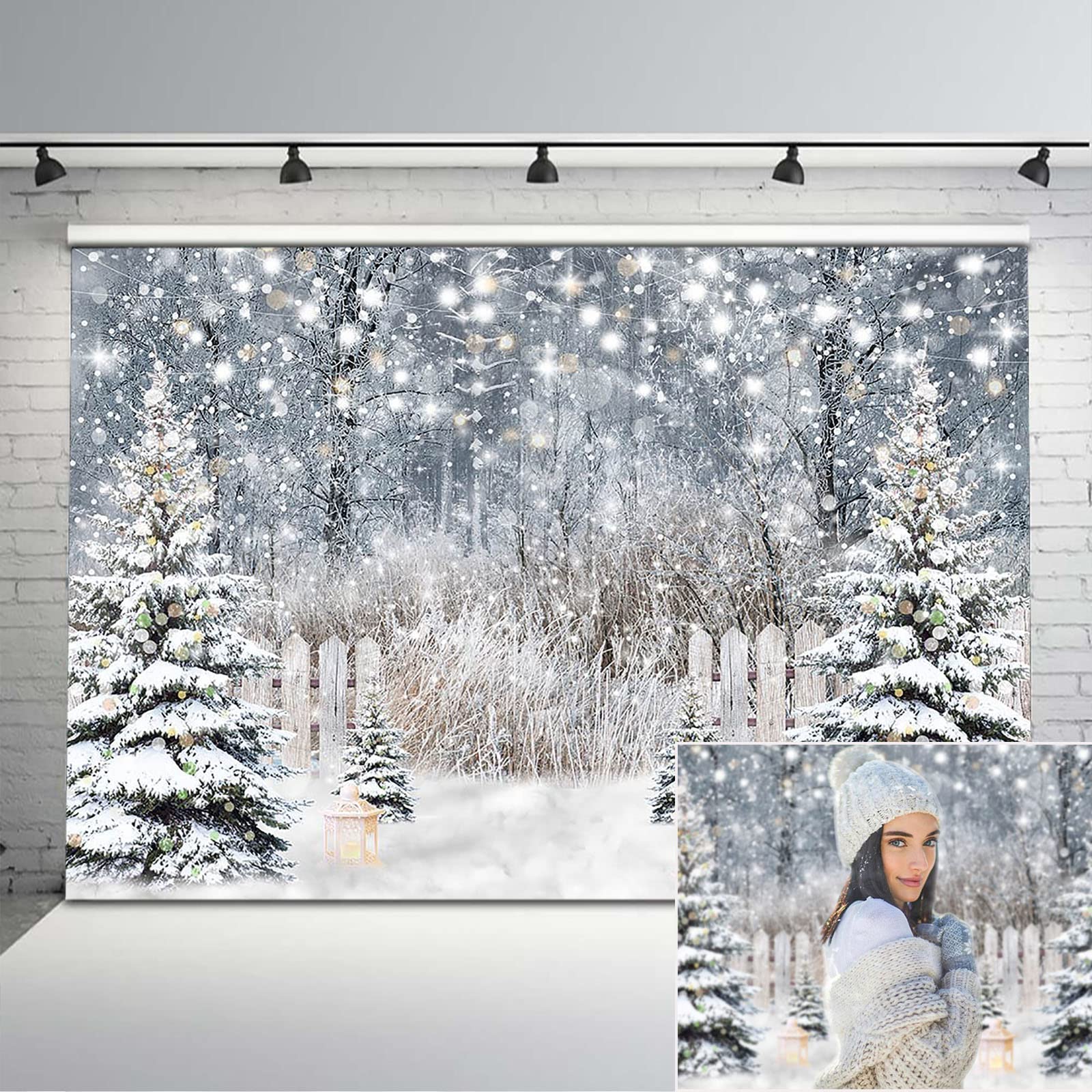 Avezano Winter Photography Backdrop Glitter Snowy Forest Pine Tree Background Snow Christmas Xmas Holiday Party Decor Banner Portrait Studio Booth Photobooth Props (7x5)