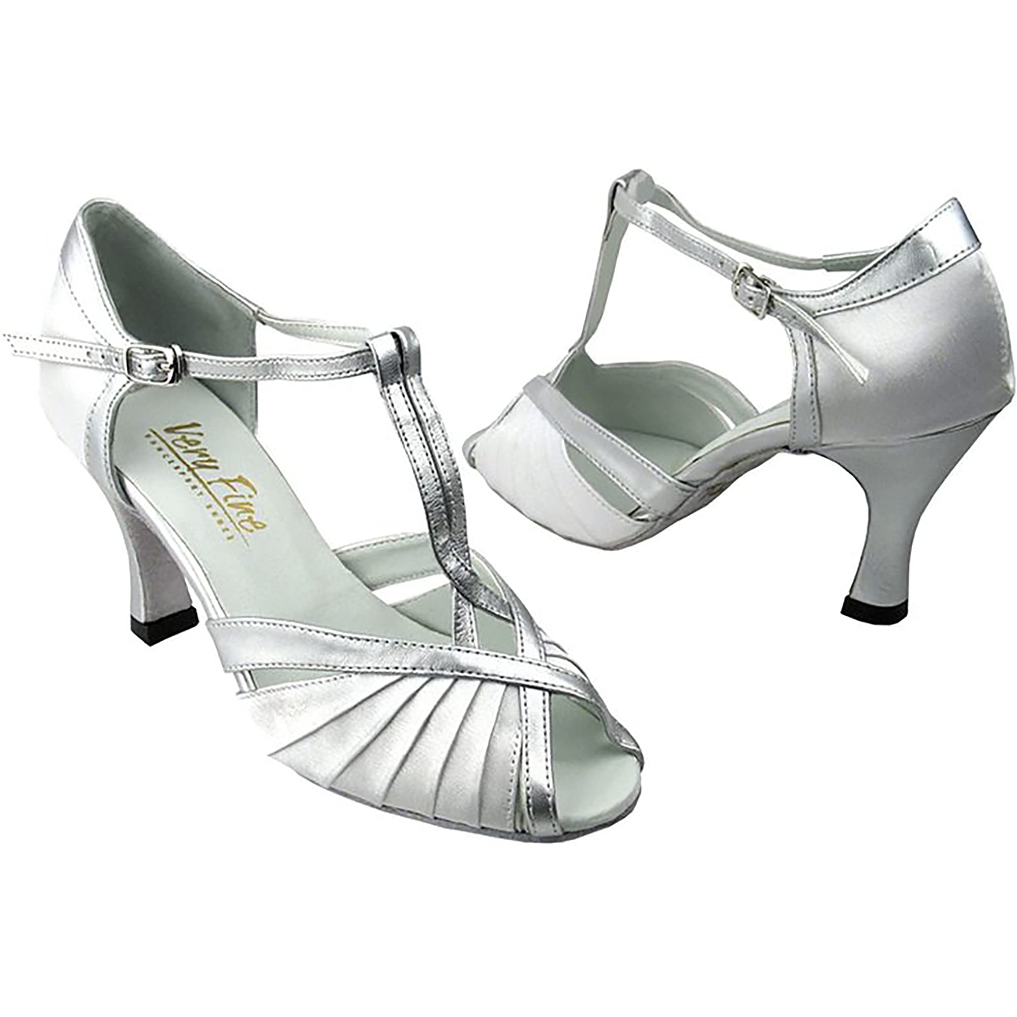 Very Fine Womens Salsa Ballroom Tango Latin Dance Shoes Satin White Silver Trim 2.5" Spool Heel US 7.5 M Gala