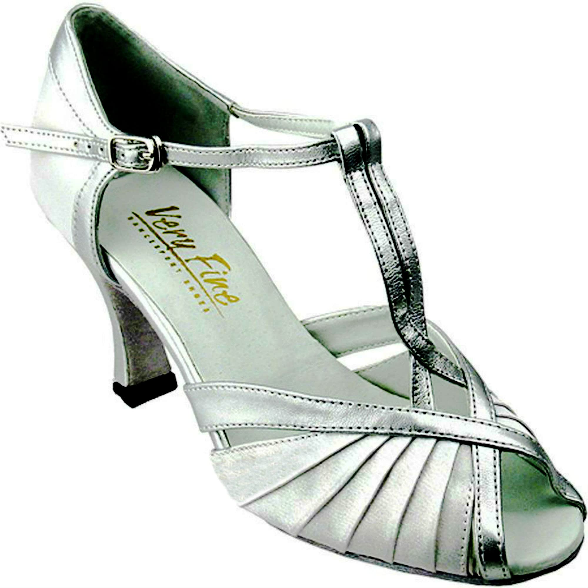 Very Fine Womens Salsa Ballroom Tango Latin Dance Shoes Satin White Silver Trim 2.5" Spool Heel US 7.5 M Gala