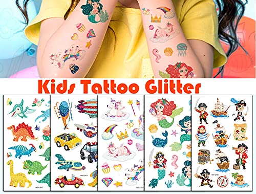 Temporary Tattoos for Kids | 120 Glitter + 20 Luminous Birthday Gift,Kids Party Favors Mermaid Butterfly Animal Dinosaur Pirate Space Fake