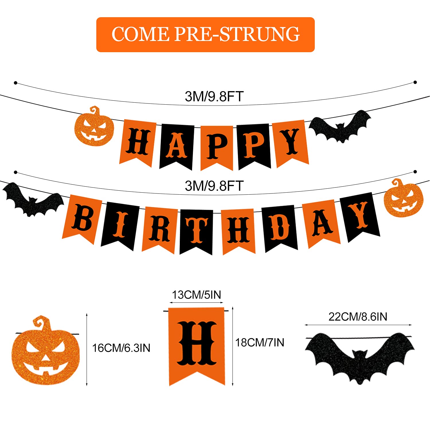 PTFNY Halloween Happy Birthday Banner Black Orange Halloween Birthday Bunting Banner with Pumpkin and Bat Signs Halloween Themed Birthday Party Decorations for Wall Fireplace Party Decor Supplies