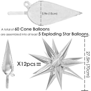 ZAKVOOR Starburst Balloons, 60 Pcs Star Balloons 12 Spike Foil Explosion Party Decoration Balloons for Christmas New Year Eve Birthday (Silver)