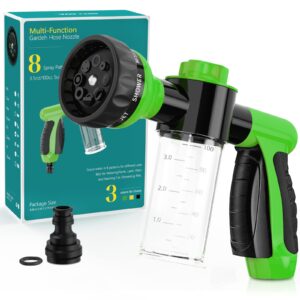 garden hose nozzle, high pressure spray gun nozzle, 8 spray patterns for watering plants, lawn, patio, cleaning, showering pet with 3.5oz/100cc soap dispenser bottle