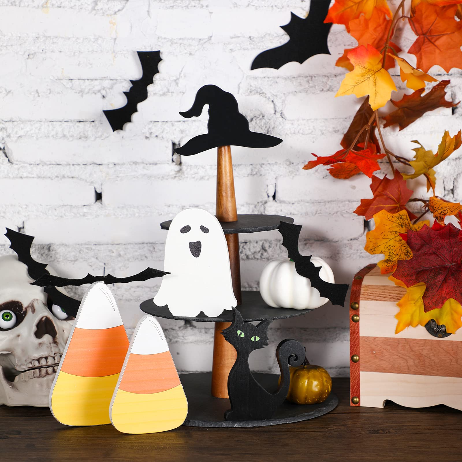 5 Pieces Halloween Wooden Table Centerpieces Ghost Black Cat Witch's Hat Candy Corn Table Decor Halloween Wood Shelf Sitters Halloween Wood Tabletop Decor for Halloween Party Home Tiered Tray Decor