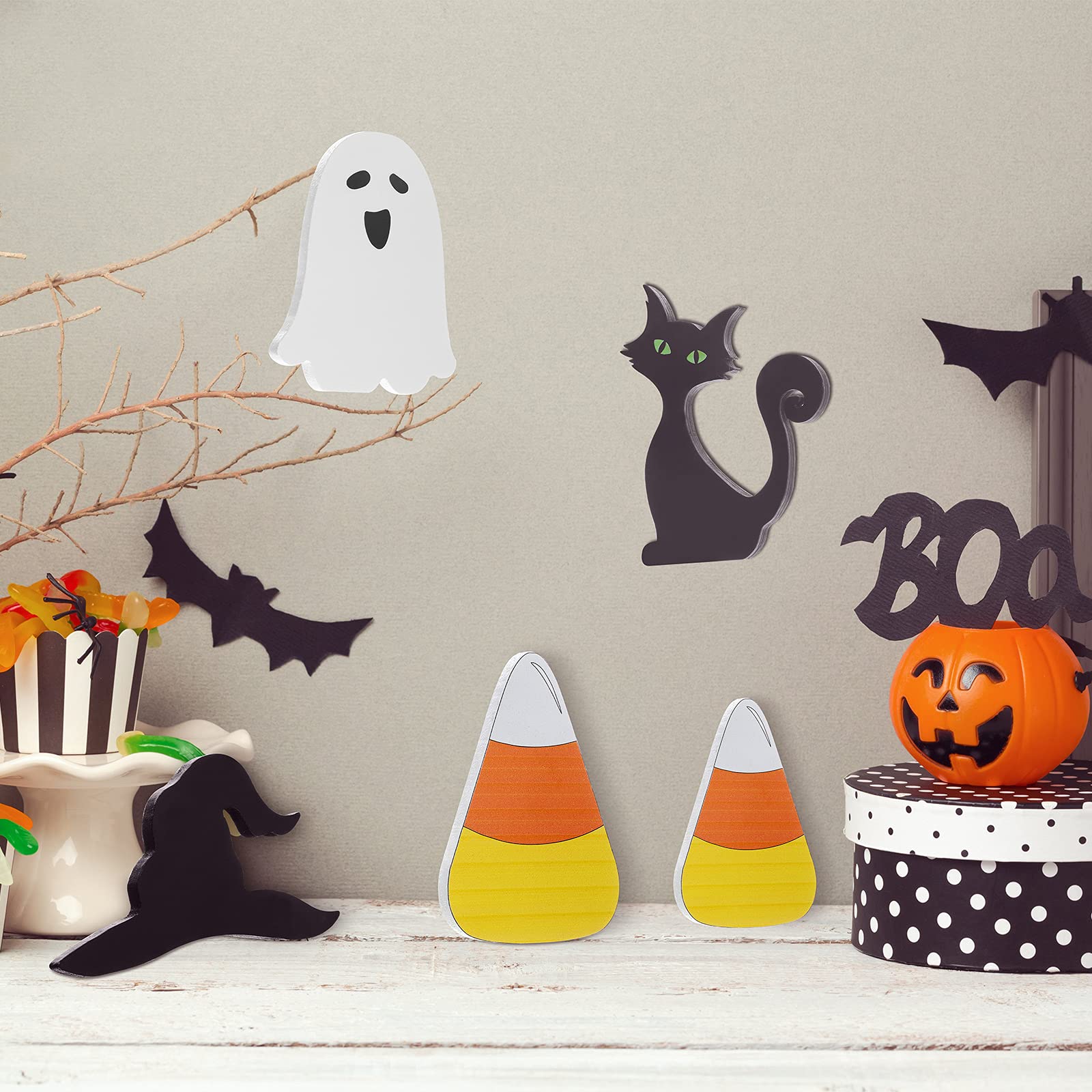 5 Pieces Halloween Wooden Table Centerpieces Ghost Black Cat Witch's Hat Candy Corn Table Decor Halloween Wood Shelf Sitters Halloween Wood Tabletop Decor for Halloween Party Home Tiered Tray Decor