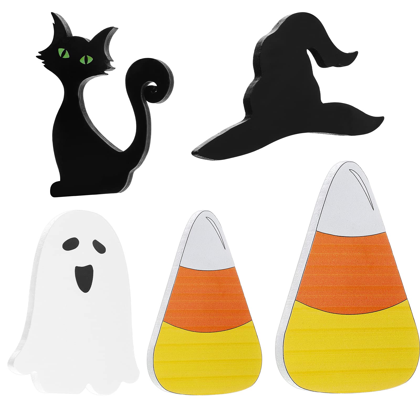 5 Pieces Halloween Wooden Table Centerpieces Ghost Black Cat Witch's Hat Candy Corn Table Decor Halloween Wood Shelf Sitters Halloween Wood Tabletop Decor for Halloween Party Home Tiered Tray Decor