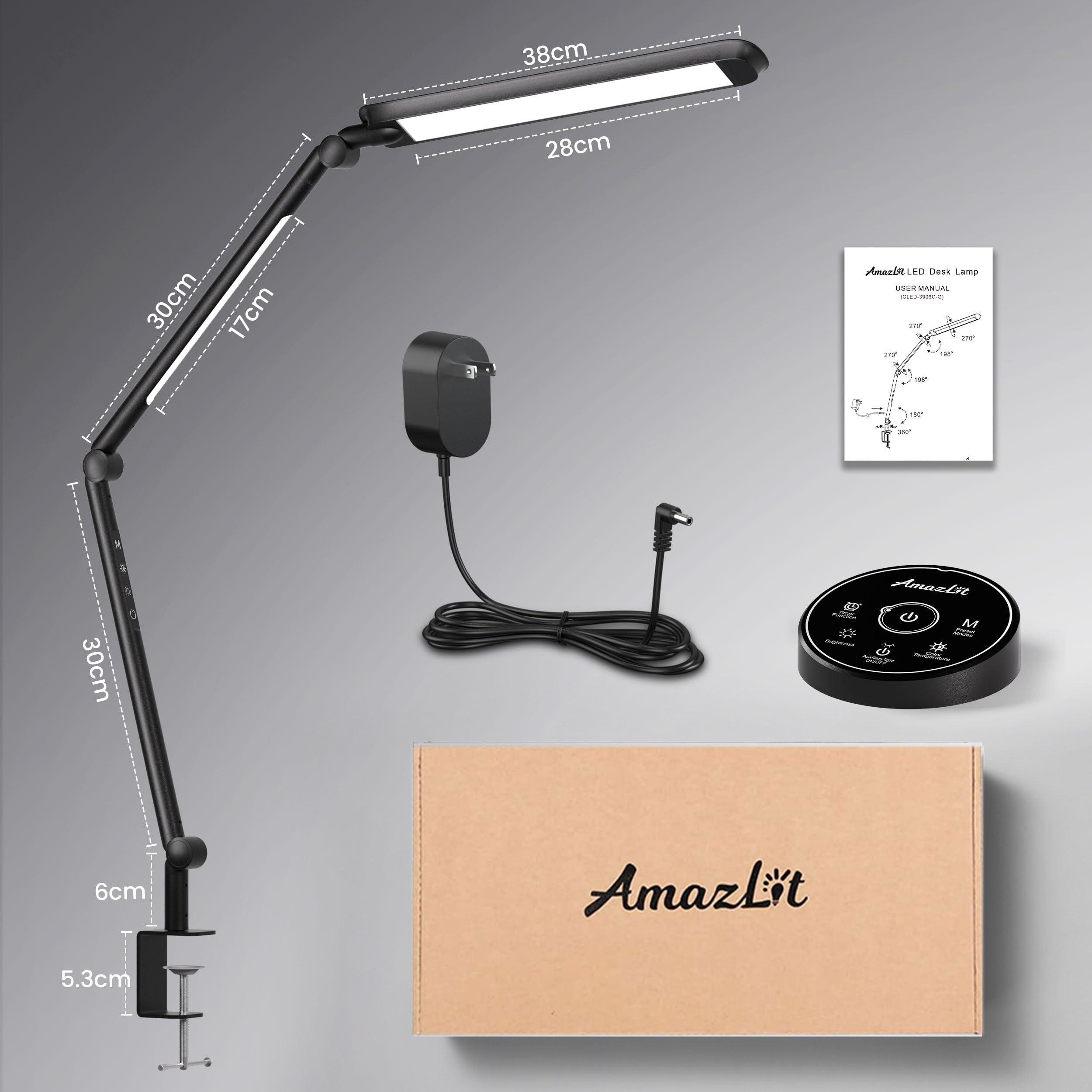 AmazLit LED Desk Lamp with Clamp, Desk Light, Adjustable Brightness & Color Temperature, Modern Architect Clip on Lamp with Memory & Timer Function, Clamp Light for Study, Work, Home, Office, 15W