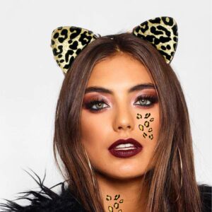 Tuoyi 6pcs Gold and Black Golden Leopard Cheetah Print Temporary Tattoo Stickers and Cat Ears Headband, Festival Costume Halloween Party Decor