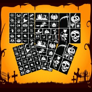 90pcs halloween glitter tattoo stencils, airbrush tattoo templates kit halloween pumpkin temporary tattoo stickers for kids drawing template party props (6 sheets)