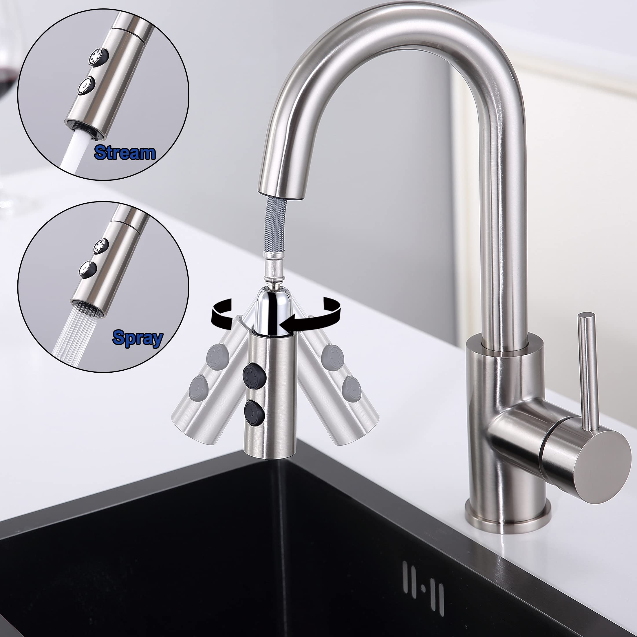 Bar Faucet with Pull Out Sprayer Single Hole, JXMMP Single Handle Stainless Steel Brushed Nickel Bar Sink Faucets with Sprayer, Modern Small Kitchen Sink Faucet with cUPC Supply Hose