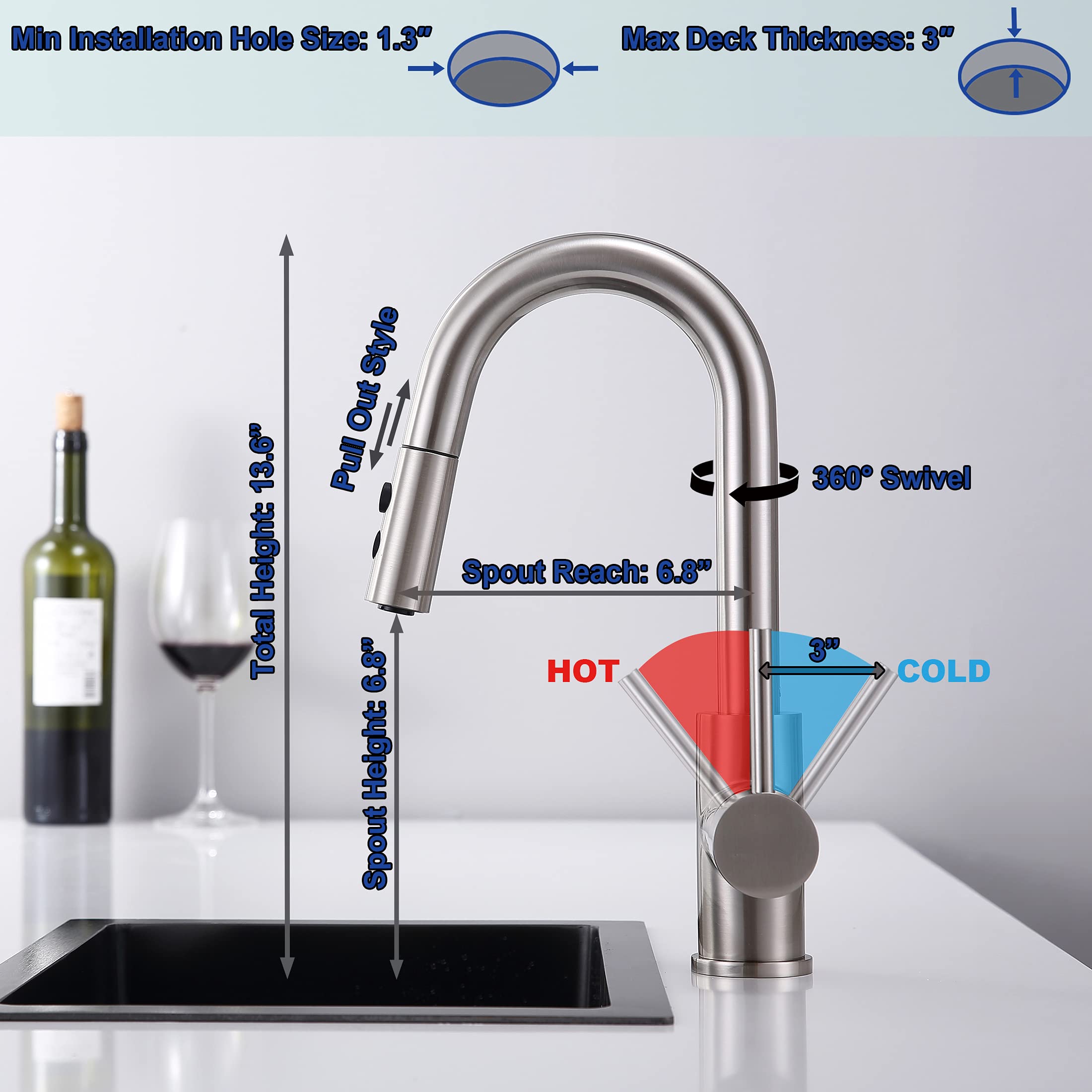 Bar Faucet with Pull Out Sprayer Single Hole, JXMMP Single Handle Stainless Steel Brushed Nickel Bar Sink Faucets with Sprayer, Modern Small Kitchen Sink Faucet with cUPC Supply Hose