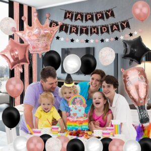 Rose Gold and Black Party Decorations - Happy Birthday Banner, Balloons, Fringe Curtains, Tablecloth and Cake Topper for 1st 16th 21st 30th 40th 50th Girls Rose Gold and Black Birthday Party Supplies