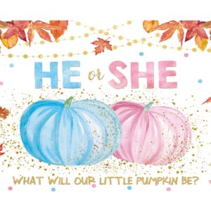 Funnytree Little Pumpkin Gender Reveal Backdrop He or She Fall Pink or Blue Boy or Girl Baby Shower Party Banner Autumn Maple Leaves Background Decor Supplies Photobooth Prop Favors Gift