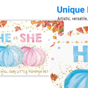 Funnytree Little Pumpkin Gender Reveal Backdrop He or She Fall Pink or Blue Boy or Girl Baby Shower Party Banner Autumn Maple Leaves Background Decor Supplies Photobooth Prop Favors Gift