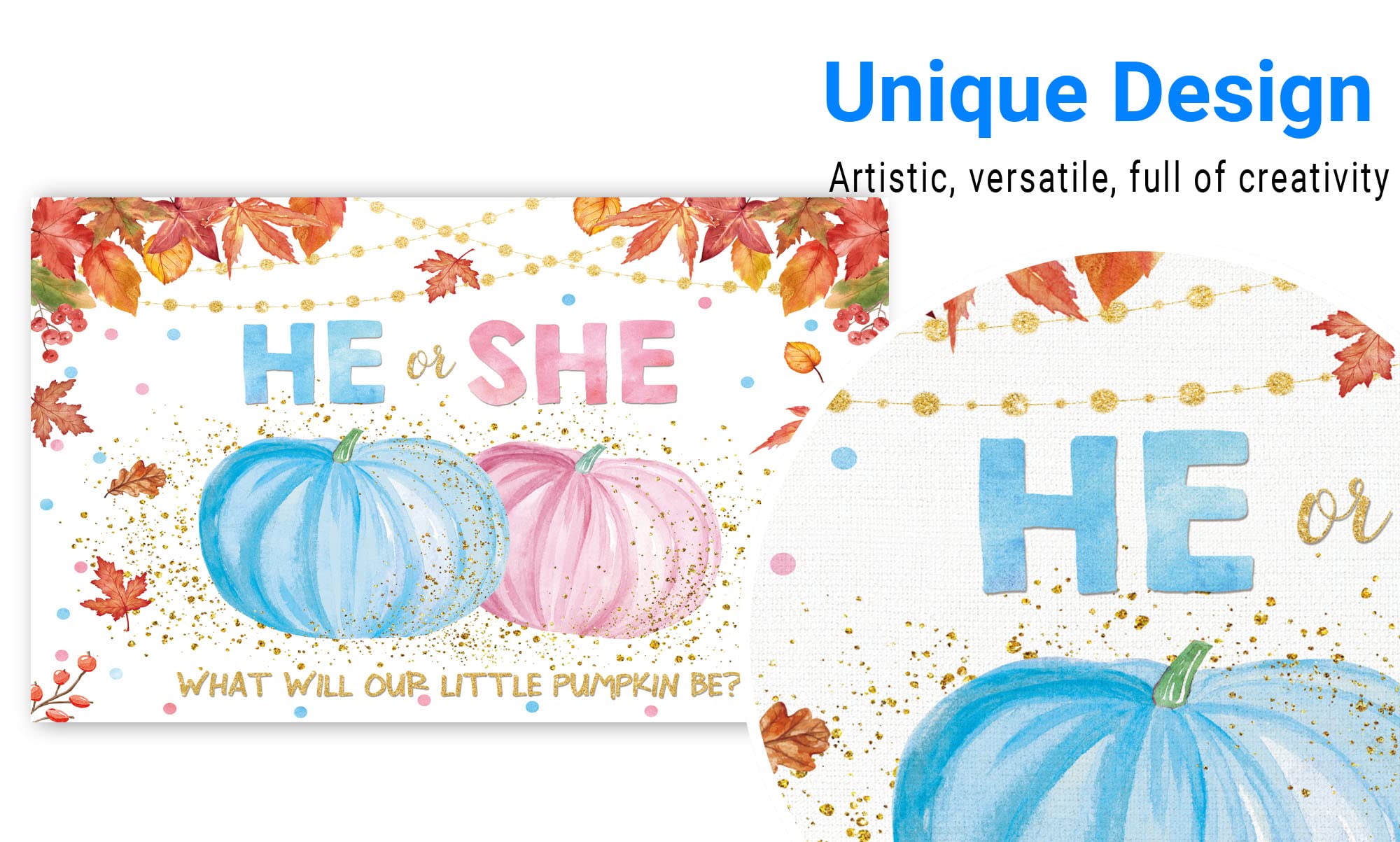 Funnytree Little Pumpkin Gender Reveal Backdrop He or She Fall Pink or Blue Boy or Girl Baby Shower Party Banner Autumn Maple Leaves Background Decor Supplies Photobooth Prop Favors Gift