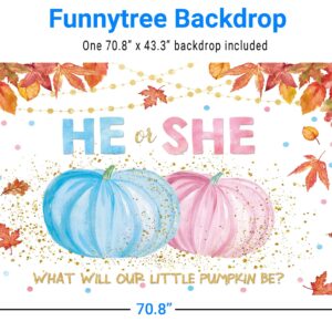 Funnytree Little Pumpkin Gender Reveal Backdrop He or She Fall Pink or Blue Boy or Girl Baby Shower Party Banner Autumn Maple Leaves Background Decor Supplies Photobooth Prop Favors Gift