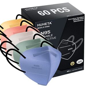 huheta kn95 face masks, 60 packs kn95 mask for adults, 5-layer safety mask filter efficiency≥95%, morandi multi color