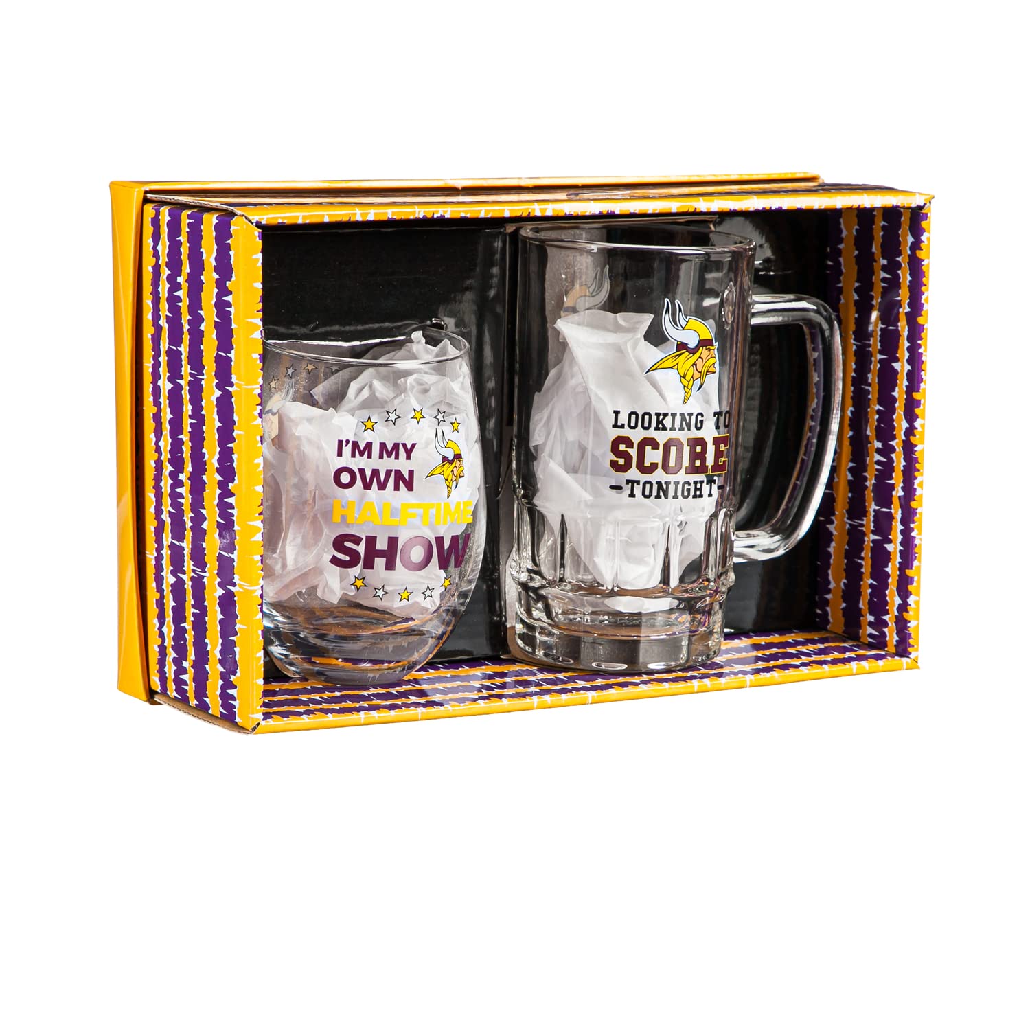 Team Sports America NFL Minnesota Vikings, Stemless 17 OZ Wine Glass & Beer Mug 16 OZ Gift Set with Box | Keeps Drinks Cold | Officially Licensed