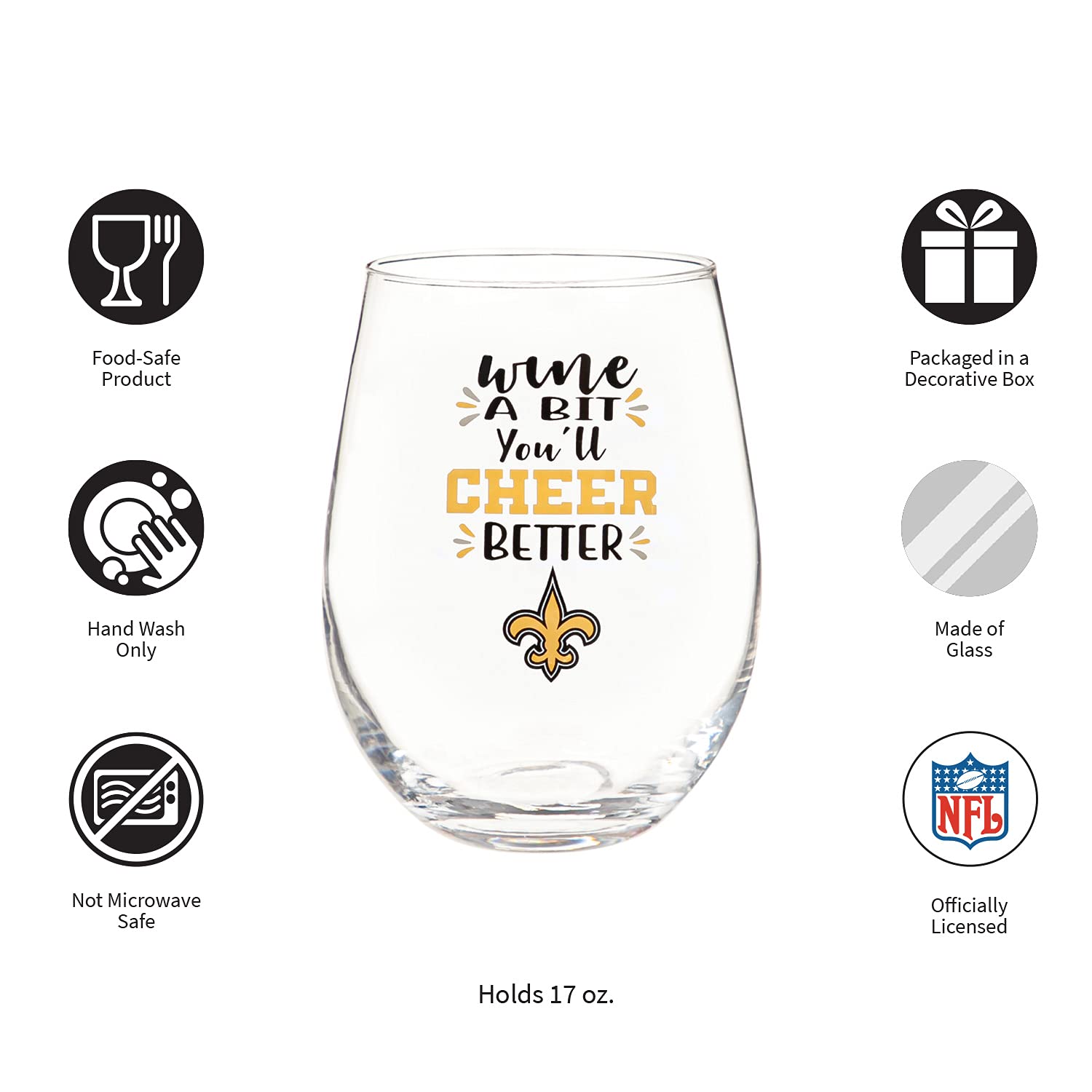 Team Sports America New Orleans Saints, 17oz Boxed Stemless WIne Glass