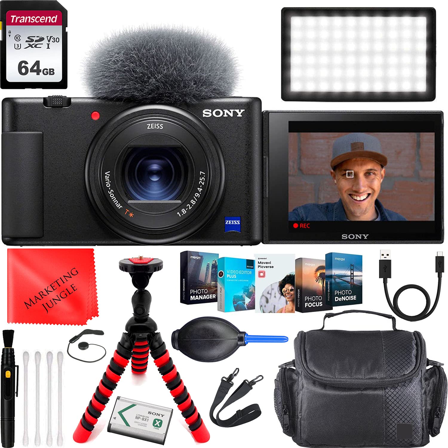 Sony Intl. ZV-1 Digital Camera (Black) ZEISS Vario-Sonnar 24-70 F1.8-2.8mm Vlogging/Video Creator Bundle with Portable LED Light, 64Gb Memory Card, Cleaning Kit + Accessories, ZV1