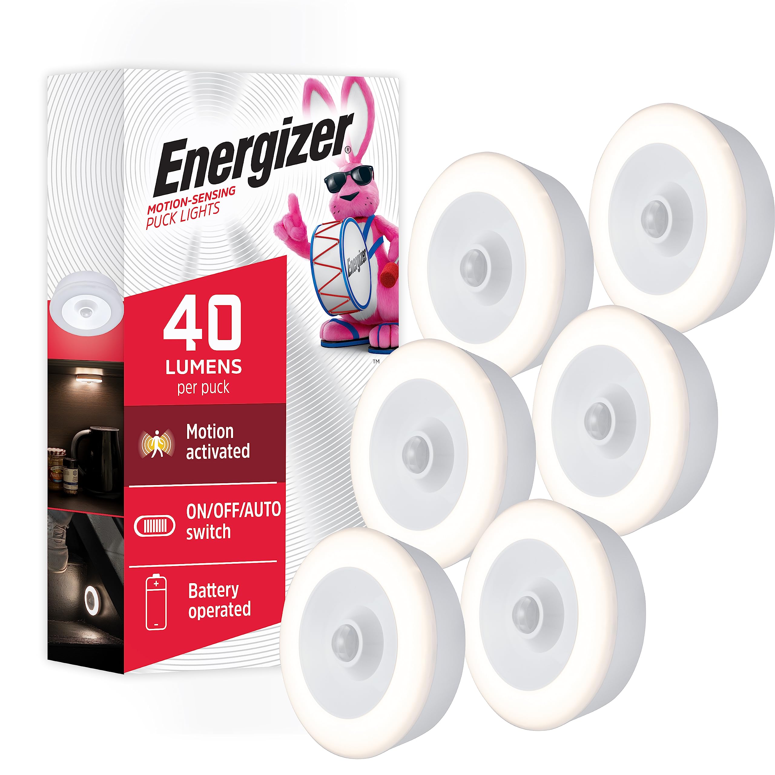 Energizer Motion Activated LED Puck Lights, 6 Pack, Battery Powered, Wireless Lights, Under Cabinet Lighting, Stick On Lights, Perfect for Kitchen Under Cabinet, Hallways, Closets, and More, 59325-T1