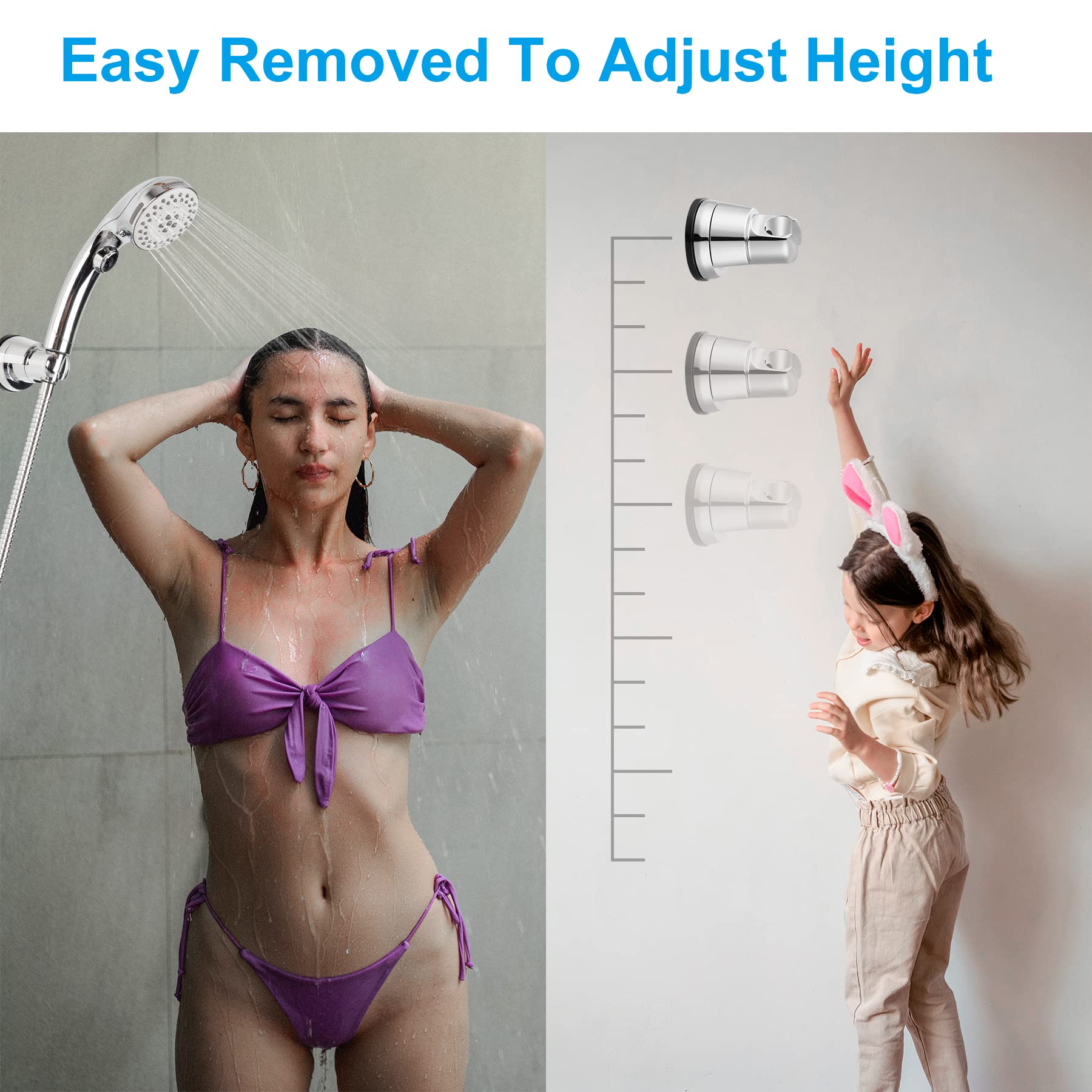 2 Pack Vacuum Suction Cup Shower Head Holder, Removable Shower Head Bracket, Height Adjustable Shower Wand Holder & Wall Mount ABS Plastic Suction Holder for Handheld Shower Head, Chrome