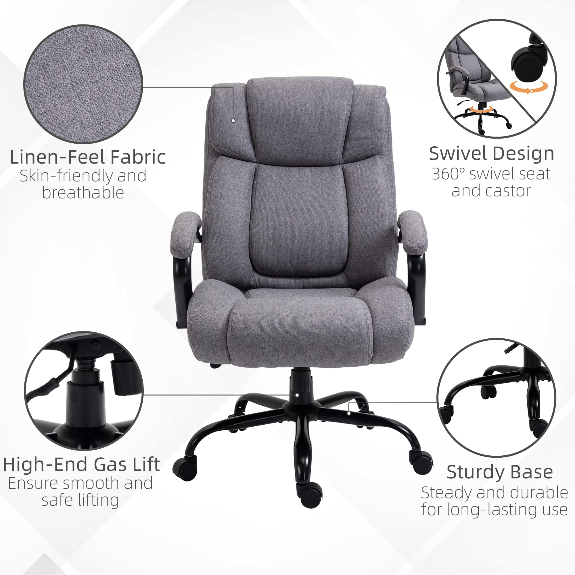 Vinsetto High Back Big and Tall Executive Office Chair 484lbs with Wide Seat, Computer Desk Chair with Linen Fabric, Adjustable Height, Swivel Wheels, Light Grey