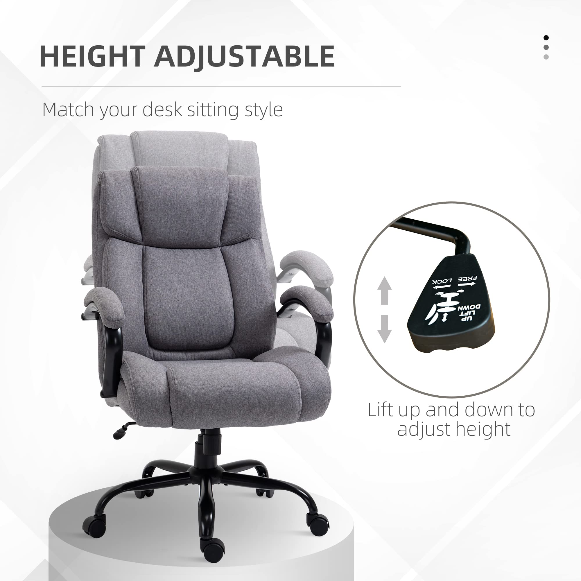 Vinsetto High Back Big and Tall Executive Office Chair 484lbs with Wide Seat, Computer Desk Chair with Linen Fabric, Adjustable Height, Swivel Wheels, Light Grey