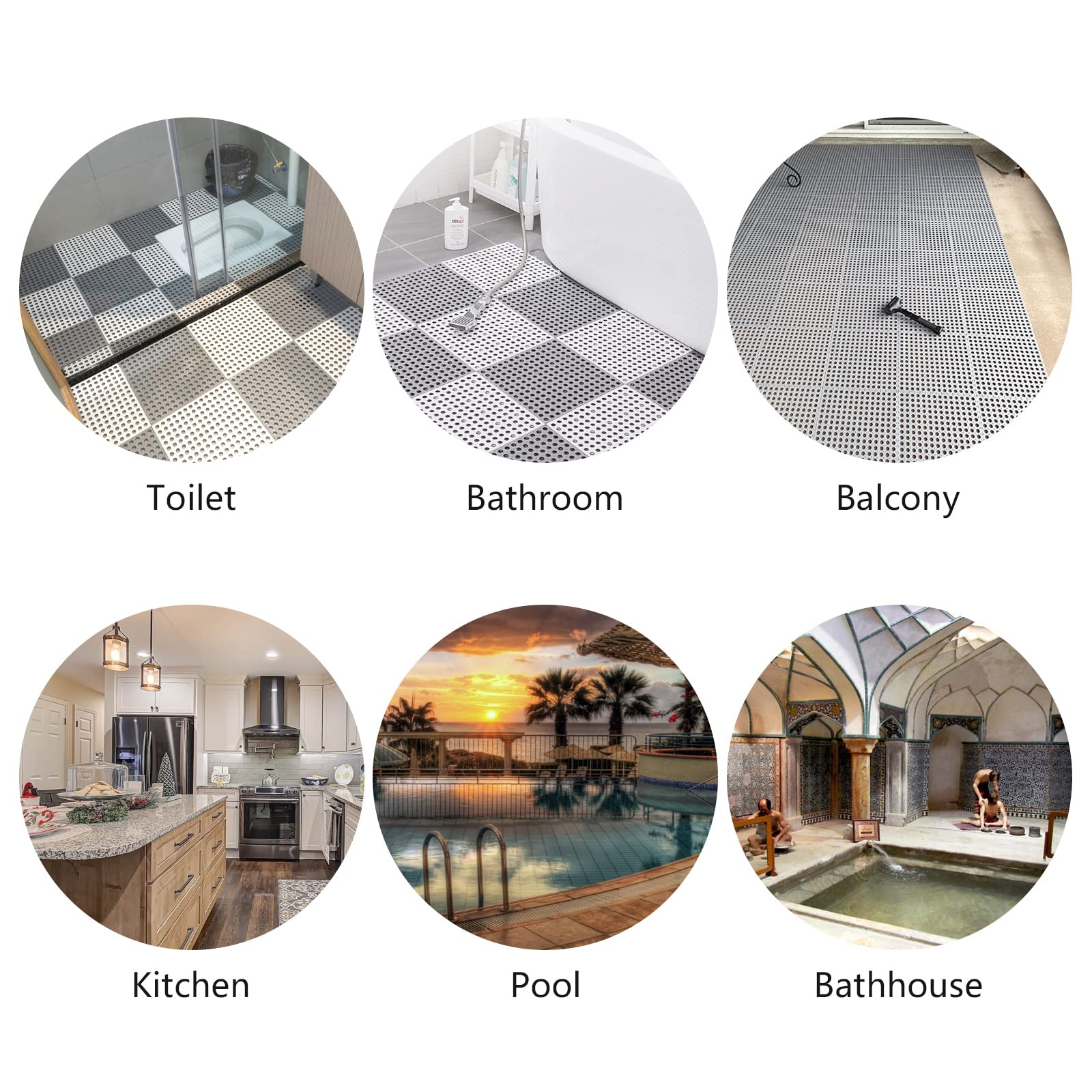 12 Pack 11.8" x 11.8" Interlocking Floor Tiles with Drain Holes Soft PVC Non Slip Shower Floor Mat Modular Interlocking Cushion Mat for Drain, Pool, Patio, Balcony, Kennel, Poultry, Floor Grid, Grey