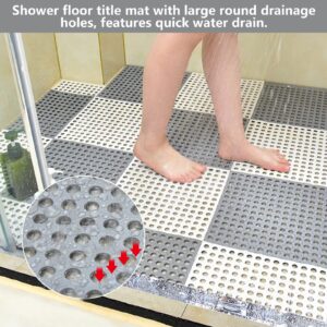 12 Pack 11.8" x 11.8" Interlocking Floor Tiles with Drain Holes Soft PVC Non Slip Shower Floor Mat Modular Interlocking Cushion Mat for Drain, Pool, Patio, Balcony, Kennel, Poultry, Floor Grid, Grey