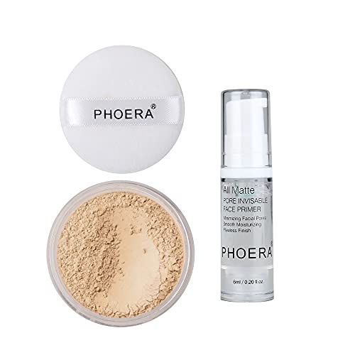 2 Pcs PHOERA Setting Powder and Face Primer, Control Oil Brighten Skin Color Cover Face Setting Loose Powder。 (02 Cool Beige + makeup primer)