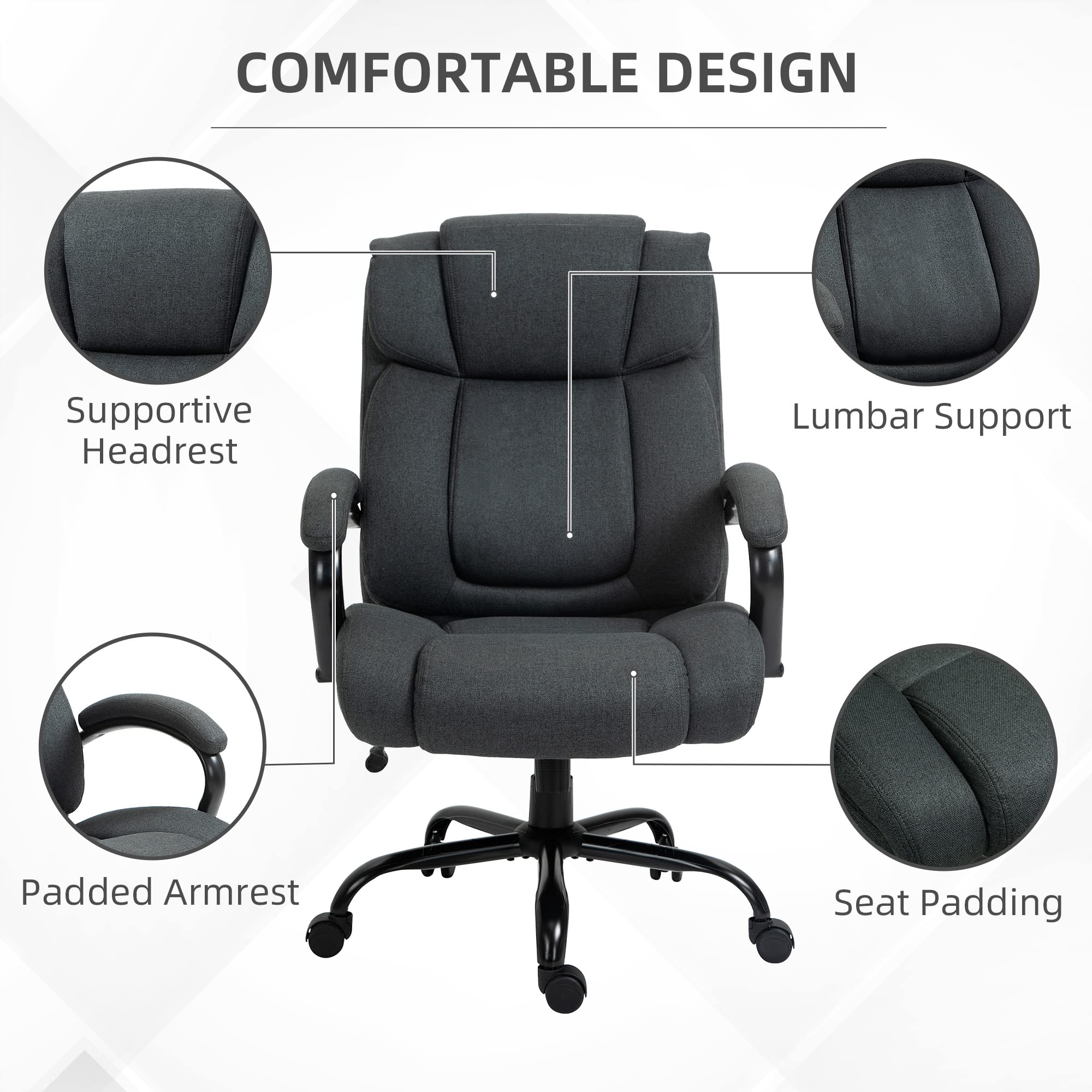 Vinsetto High Back Big and Tall Executive Office Chair 484lbs with Wide Seat, Computer Desk Chair with Linen Fabric, Adjustable Height, Swivel Wheels, Charcoal Grey