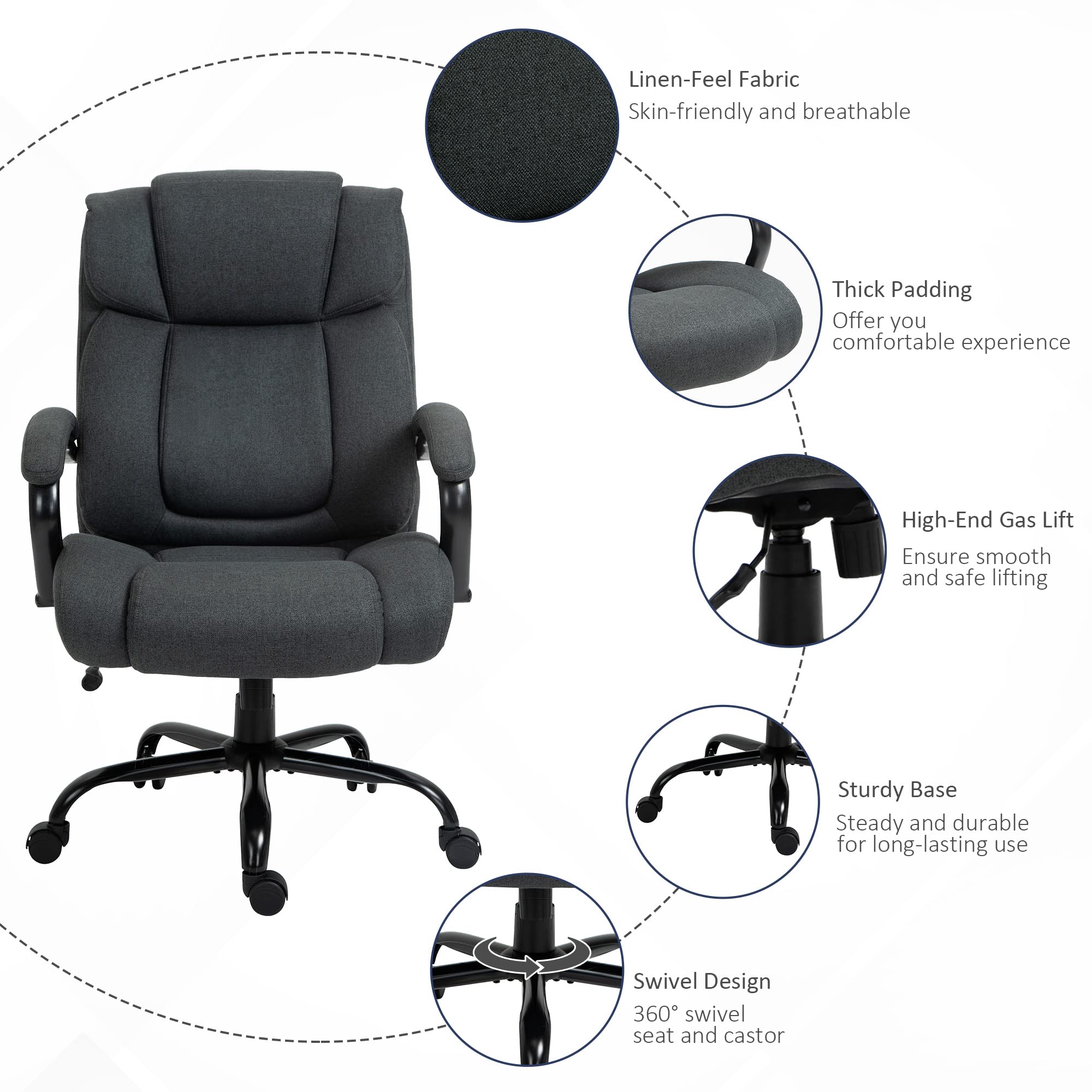 Vinsetto High Back Big and Tall Executive Office Chair 484lbs with Wide Seat, Computer Desk Chair with Linen Fabric, Adjustable Height, Swivel Wheels, Charcoal Grey