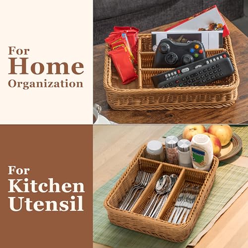 myHomeBody Rectangle Wicker Utensil Holder, Utensil Organizer, Cutlery Organizer for Kitchen Organization, Kitchen Utensil Drawer Organizer Kitchen Accessories, Resin Wicker 1 pc, Light Brown