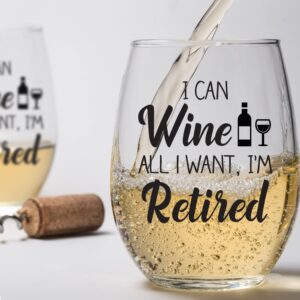 Momstir I Can Wine All I Want I'm Retired Funny Stemless Wine Glass 15oz - Funny Retirement Gift Wine Glass For Women - Humorous Gifts For Retired Coworkers