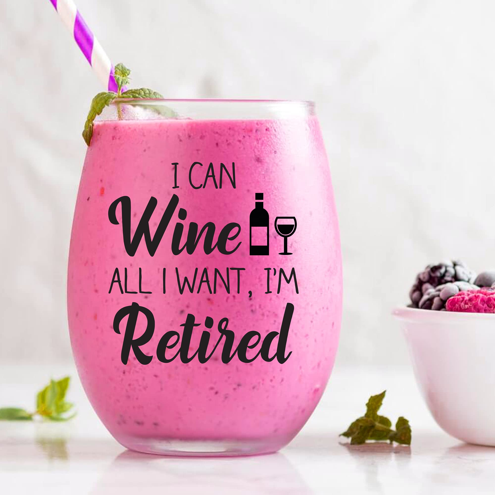 Momstir I Can Wine All I Want I'm Retired Funny Stemless Wine Glass 15oz - Funny Retirement Gift Wine Glass For Women - Humorous Gifts For Retired Coworkers