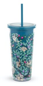 vera bradley travel tumbler with lid and straw, 24 ounce insulated cup, plastic double wall tumbler, hanging around (sloths)