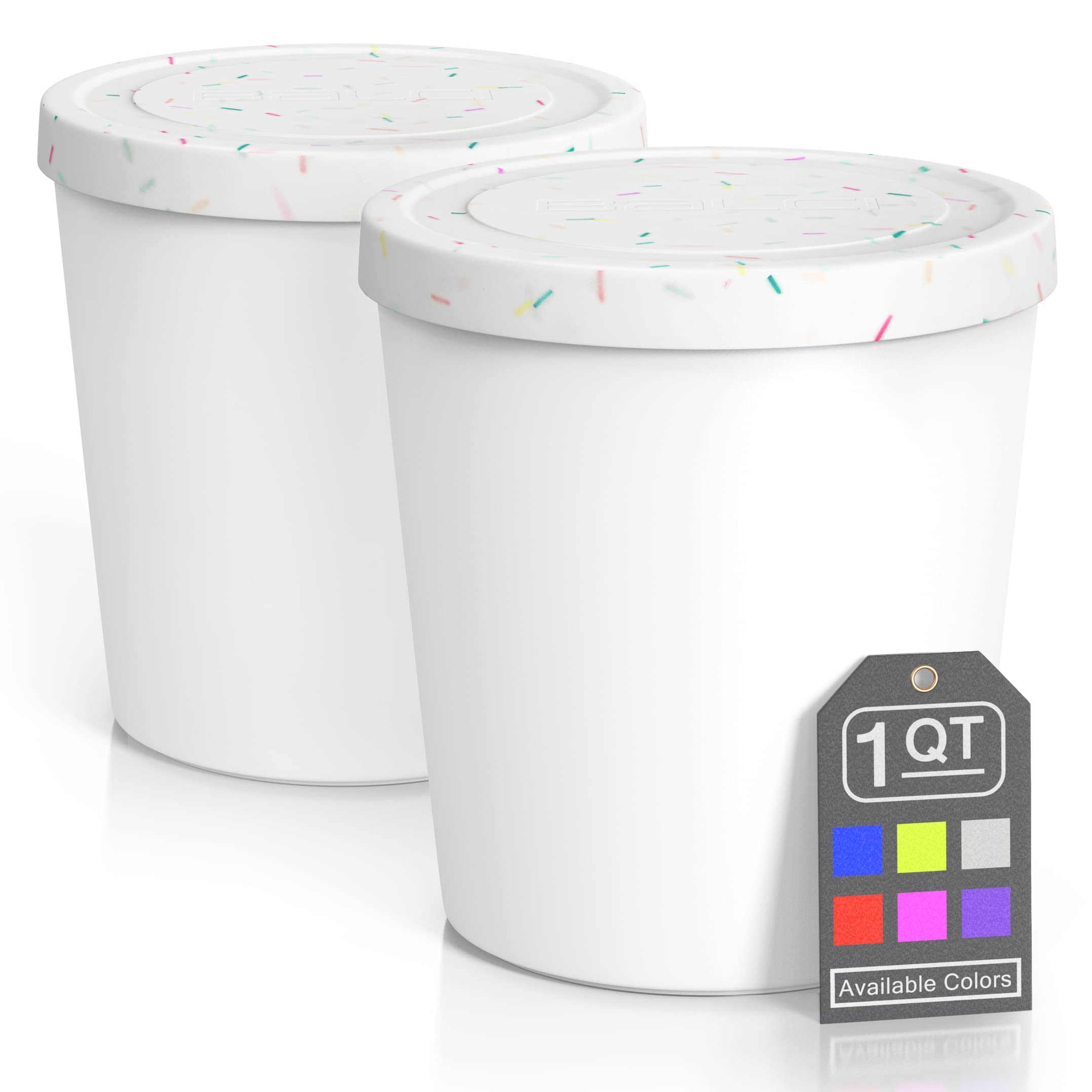 BALCI - Premium Ice Cream Containers (2 Pack - 1 Quart Each) Perfect Freezer Storage Tubs with Lids for Ice Cream, Sorbet and Gelato! - White With Sprinkles